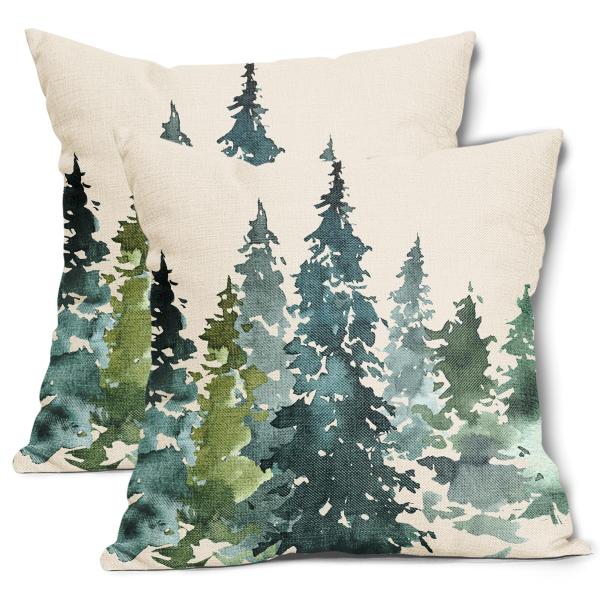 商品名: 水彩 ブルー グリーン ツリー 枕カバー 22 x 22インチ 2枚セット 自然 テーマ クリスマス 装飾 ピローケース 素朴な森 コットン リネン 枕カバー ホームデコレーション リビングルーム ソファ ポーチ アウトドア Wa...