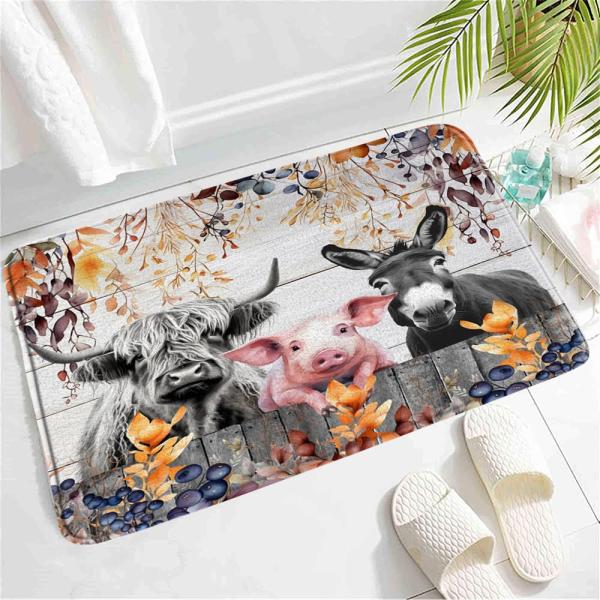 商品名:  Fall Farm Animal Bath Mat,Autumn Watercolor Pumpkins Maple Leaves Highland Cow Donkey and Pig Thanksgiving Day Rug...
