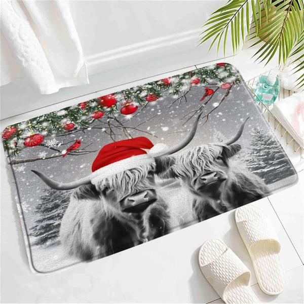 商品名:  Christmas Highland Cow Bath Mat,Grey Winter Forest Farm Animal Red Birds Pine Fir Tree Xmas Balls Snow Scenery Rug...