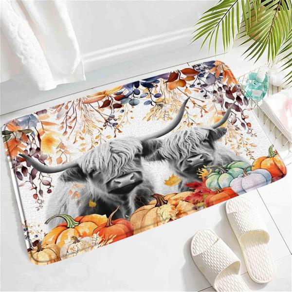 商品名:  Fall Highland Cow Leaf Bath Mat,Autumn Orange Watercolor Pumpkin Maple Leaves Floral Botanical Plant Farm Animal R...