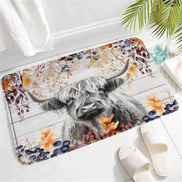 商品名:  Fall Highland Cow Leaf Bath Mat,Autumn Orange Watercolor Pumpkin Maple Leaves Floral Botanical Plant Farm Animal R...