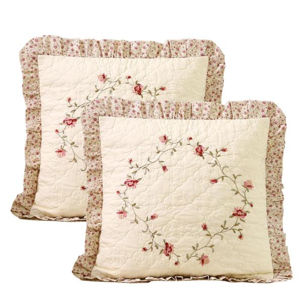 商品名: vctops コットンキルト刺繍装飾正方形スロークッションカバー フリル付き フローラル ソフトクッションケース カウチソファベッド用 (フラワー A、45.7 cmx45.7 cm) 2枚セット vctops Set of 2 ...