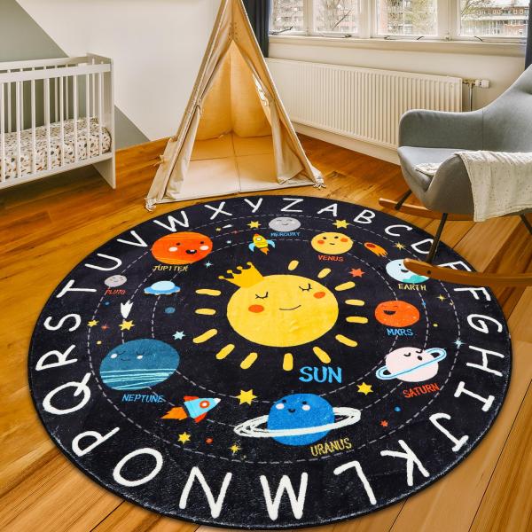 商品名:  Round ABC Kids Rug,4 Ft Soft Circle Alphabet Playroom Rug,Washable Non-Slip Solar System Kid Play mat,Space Educat...