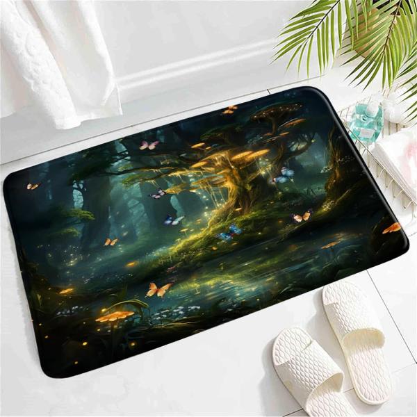 商品名:  Green Enchanted Forest Bath Mat,Fantasy Mushroom Tree Fairy Tales Tree House Nature Lake Meadow Butterfly Elf Spri...
