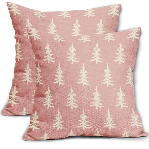 商品名: クリスマスクッションカバー 18x18インチ 2枚セット ピンク クリスマスツリー 素朴なスタイル 冬のプリント 装飾的なアウトドア枕カバー ファームハウス ヴィンテージ ホリデーデコレーション スロークッションケース カウチ/ソ...