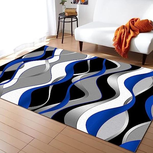 商品名:  Modern Luxury Home Decor Indoor Area Rugs, Abstract Blue Gray Black and White Wavy Stripes Area Rug, Non Slip Wash...