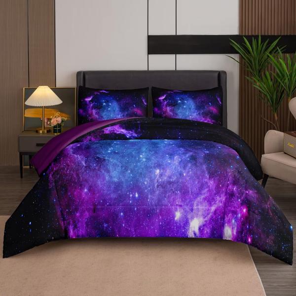 商品名: NINENINE Galaxy Bedding 5点 ツインサイズ 掛け布団セット 女の子用 パープル寝具セット ベッドインバッグ スペース寝具セット(掛け布団1枚、フラットシーツ1枚、ボックスシーツ1枚、枕カバー2枚)… NIN...