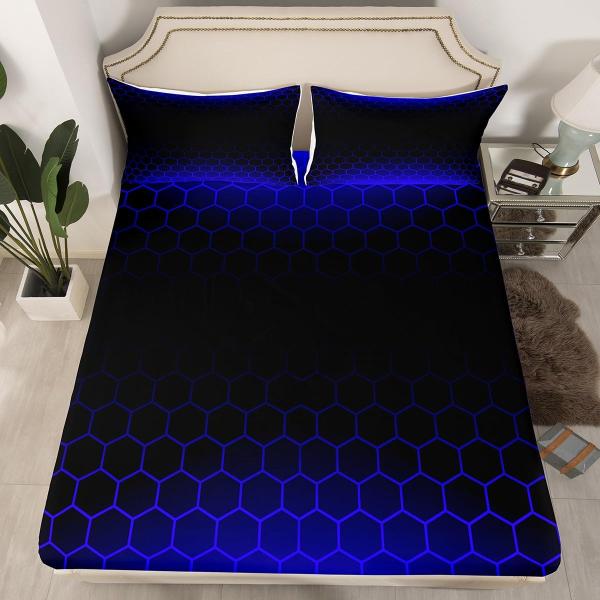 商品名:  Blue Black Ombre Honeycomb Fitted Sheet Queen Size, Geometrics Hexagon Bedding Set Abstract Blue and Black Bed She...