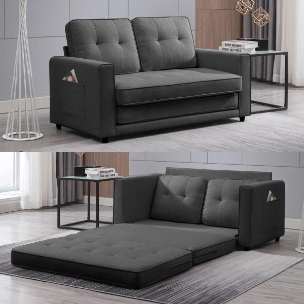 商品名:  Mjkone 55" W Convertible Folding Futon Pull Out Floor Gaming Sofa Bed, Linen Fabric Foldable Upholstered Sleeper S...