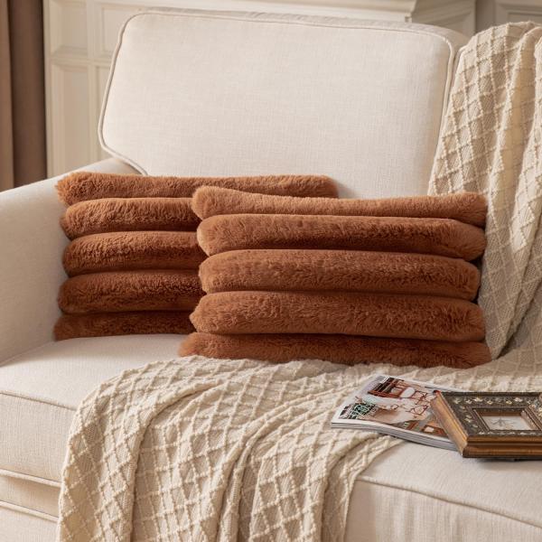 商品名: Yaertun ブラウン ストライプ 装飾用クッションカバー 12x20インチ 2枚セット フラシ天 ソフト枕カバー ベルベットバック フェイクラビットファー クッションカバー ソファ カウチ ベッド リビングルーム Yaertu...