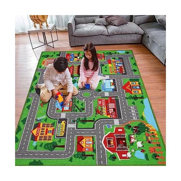 商品名: 子供用カーペットプレイマットラグ 59インチx39.4インチ、子供用カーラグ、滑り止めタウンシティロードマップ、プレイルーム、ベッドルーム、男の子用、キッズカープレイマット トラックロードラグ(59X39.4インチ、グリーン) K...