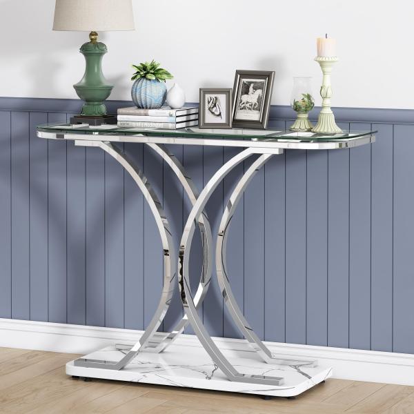 商品名:  O&amp;K FURNITURE Silver Glass Console Tables for Entryway,Glass Entryway Table with Curved Frames and Marble Base...