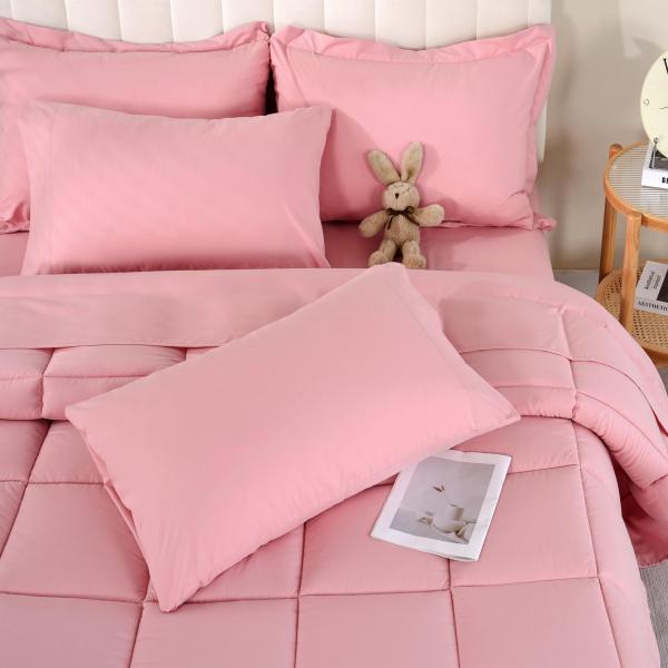 商品名: DOWNCOOL クイーン掛け布団セット 寝具7点セット クイーンピンク オールシーズン ダウン代替ベッド バッグ入り クイーン 掛け布団付き フラットシーツ、ボックスシーツ、枕カバー2枚&amp;枕カバー2枚 DOWNCOOL ...