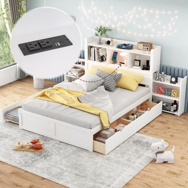 商品名:  Linique Full Size Platform Bed with Twin Size Trundle and 2 Drawers, Storage Headboard with Pull Out Shelves and P...