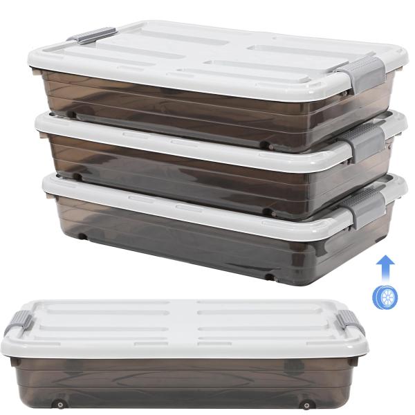 商品名: Beeveer プラスチックベッド下ストレージコンテナ 4個 蓋付き ホイールハンドル付き 透明 大容量 積み重ね可能 回転式 クローゼット 寝室 ベッド下 ホーム 衣類 靴 枕 ブランケット おもちゃ Beeveer 4 Pcs...