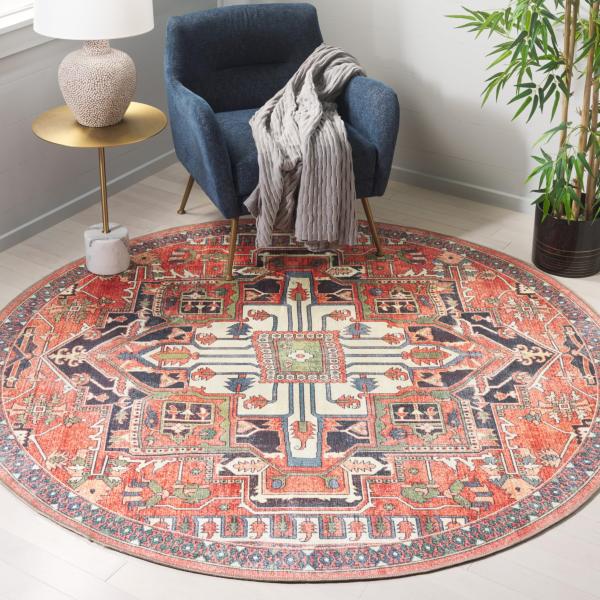 商品名:  SAFAVIEH Washable Rug Serapi Collection - 6'7" Round, Rust &amp; Navy, Slip Resistant &amp; Easy to Clean, Ideal f...