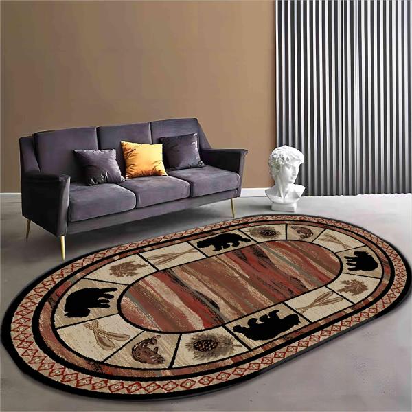 商品名:  ZCLRUG Black Bear Area Rug, 3x5ft, Vintage Rustic Country Lodge Theme Oval Rug with Forest Wildlife Bear Paw and B...