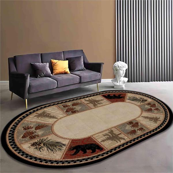 商品名:  ZCLRUG Black Bear Area Rug, 4x6ft, Vintage Rustic Country Lodge Theme Oval Rug with Forest Wildlife Bear Paw and B...
