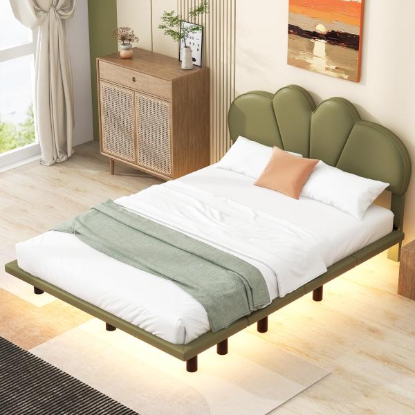 商品名:  Modern Queen Size Upholstery Platform Bed with PU Leather Headboard and Support Legs, Premium Solid Wood Pine Bed ...