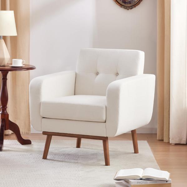 商品名: HUIMO ファブリックアクセントチェア ミッドセンチュリー モダン アームチェア ボタン 房付き リビングルームチェア 取り付け簡単 布張り 快適 ソファチェア 寝室 書斎 オフィス 読書コーナー用 (ホワイト) HUIMO F...