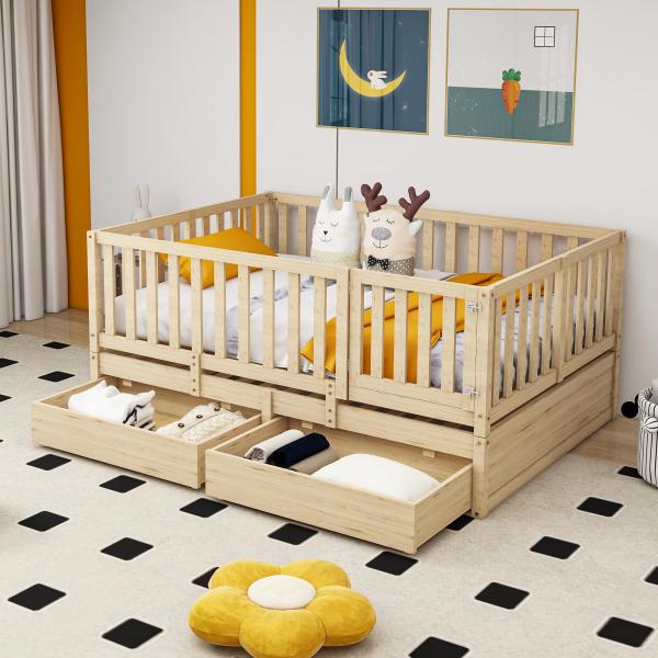 商品名:  Wood Full Size Daybed with Fence Guardrails and 2 Drawers, Used as Independent Floor Bed &amp; Daybed,for Kids Tod...