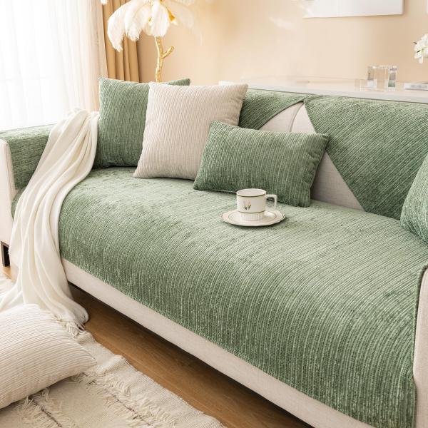 商品名: 無地ストライプテクスチャシェニールソファカバー、シンプルなストライプシェニール織傷防止ソファカバー、洗える滑り止めペットソファプロテクター、犬やペット用の薄いシェニールソファカバー、グリーン-43インチx70インチ/110x180...