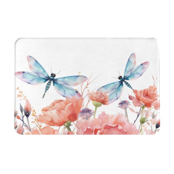 商品名: 水彩画の花とトンボプリントエリアラグ スーパーソフトフランネルバスマット ノンスリップバスマット 洗えるスローラグ 装飾フロアマット リビングルーム ソファ 寝室用 Watercolor Flowers with Dragonfl...