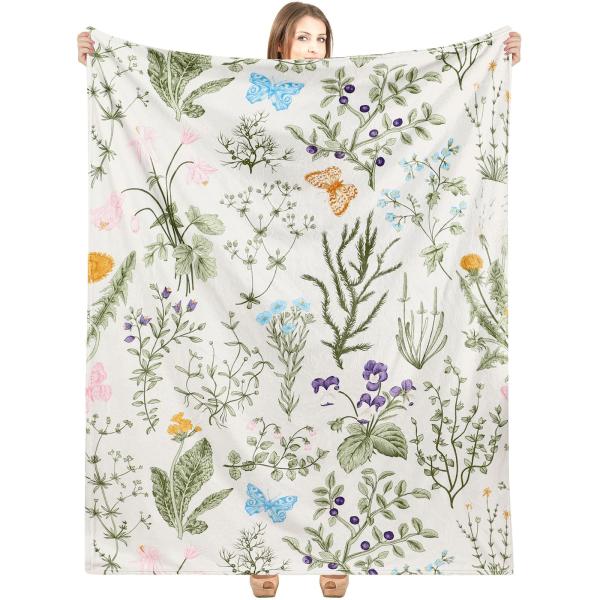商品名: Buryeah スプリングスローブランケット ワイルドフラワー バタフライブランケット グリーン 野生の花 植物 ブランケット 60 x 50インチ ヴィンテージ ハーブ ブランケット カラフル 野生の花 プリント フランネル ブ...
