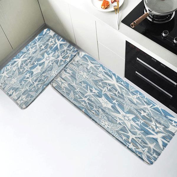 商品名:  Starfish Bath Mat Beach Ocean Coastal Marine Life Cartoon Abstract Nautical Watercolor Vintage Blue Wooden Plank S...
