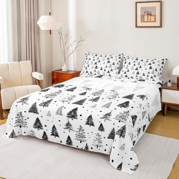 商品名: パインツリープリントベッドシーツクイーンサイズ、クリスマスツリースノーフレーク寝具セット4点キッズボーイズガールズルームデコ手描きスタイルXmasツリーフィットシート、ブラック、ホワイト、グレートップフラットシート、枕カバー2枚 ...