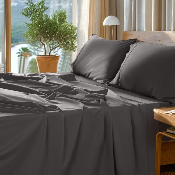 商品名: SONORO KATE エジプト綿100%シーツセット - 1000 高スレッドカウント、高級5つ星ホテルサテンベッドシーツ、ソフト、通気性の長いステープルシーツ、最大16インチまでフィット - 4枚(ダークグレー、フル) SON...