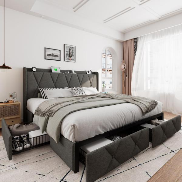 商品名: iPormis キングサイズ ベッドフレーム 収納引き出し4個付き 布張りプラットフォームベッドフレーム 充電ステーション付き モダンなウィングバックストレージヘッドボード 組み立て簡単 ダークグレー iPormis King S...