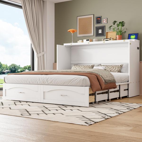 商品名:  Queen Size Murphy Beds with Charging Station and A Storage Drawer, Wood Cabinet Bed Frame, Pulley Structure Wall B...