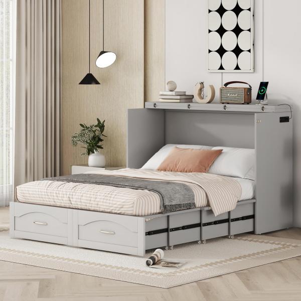 商品名:  Full Size Murphy Beds with Charging Station and A Storage Drawer, Wood Cabinet Bed Frame, Pulley Structure Wall Be...