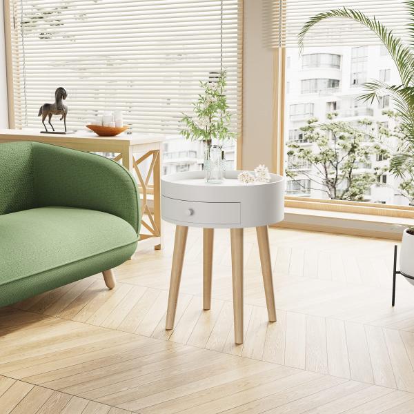 商品名: SPOFLYINN モダンコーヒーテーブル 収納引き出し付き 頑丈なオークの脚 ソファサイドテーブル 円形 ベッドサイドテーブル リビングルーム ベッドルーム 小さなスペース ホワイト SPOFLYINN Modern Coffe...