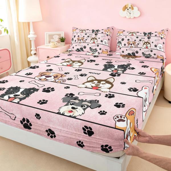 商品名:  Cute Dog Bed Sheet Set Home Decor Cartoon Puppy Pet Animals Sheet Sets Deep Pocket,Black Paw Bone Print Pink Mattr...