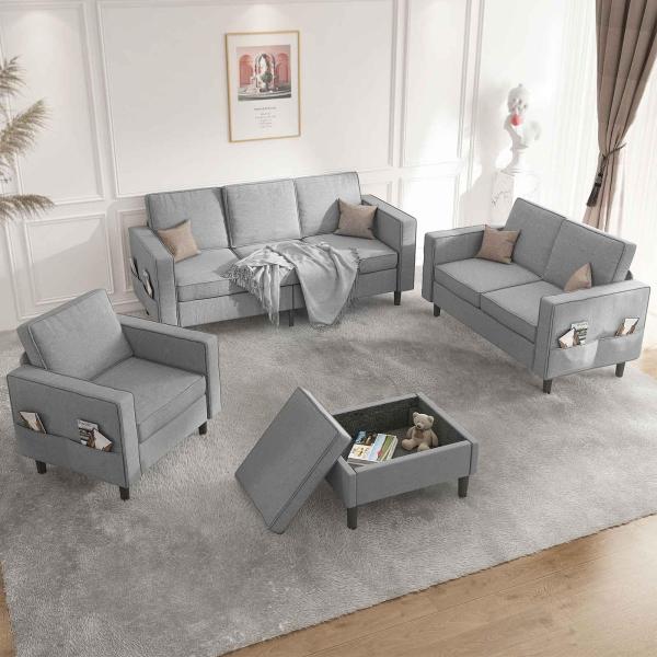 商品名:  BALUS 4 Pieces Sofa Set for Living Room, Sectional Couches Modern Sofas with Movable Storage Ottoman/Side Pockets/...
