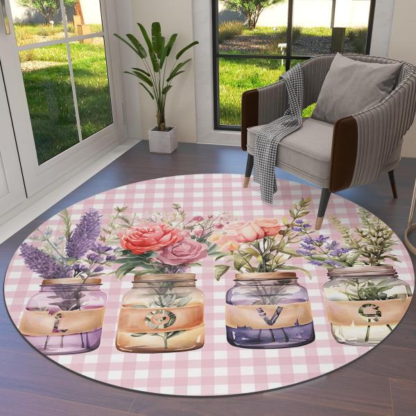 商品名:  Valentine Round Area Rug 4ft Jar Rose Tulip Leaves Floor Carpets Washable Indoor Floor Area Mat Stain-Proof Mat No...