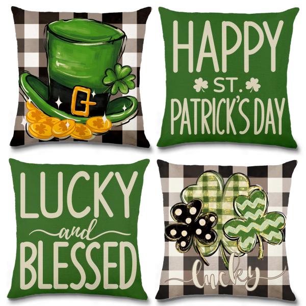 商品名: Vellibring 聖パトリックデー クッションカバー 18 x 18インチ ブラック ホワイト バッファロー チェック ラッキーチャーム シャムロック アウトドア 枕カバー グリーン マーチ ハット ギフト ホーム ベッドルー...