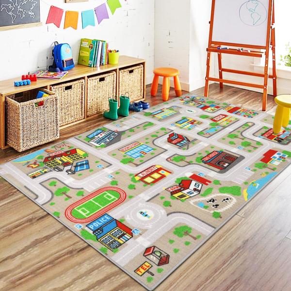 商品名: Capslpad タン 車 ロード キッズ ラグ カーペット プレイマット プレイマット プレイマット トラフィック ロード キッズ 幼児用プレイマット 滑り止め 洗濯可能 都市地図 レーストラック カーペット ラグ 子供部屋 寝...