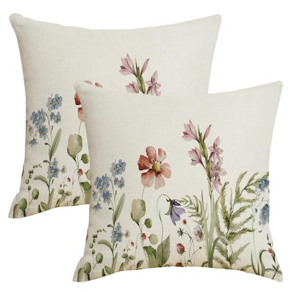 商品名: 春夏 花柄 クッションカバー 18x18インチ セージグリーン 野生の花 葉 ハーブ スローピローカバー 2枚セット アウトドア ファームハウス リネン 装飾 正方形 枕カバー カウチ ベッド ソファ 装飾用 FJWMZ Spri...