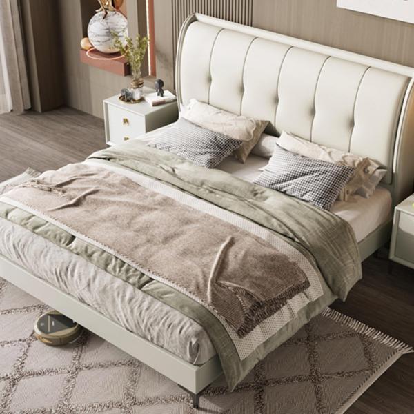 商品名:  OUDINI Light Luxury Leather Bed Solid Wood Bed Modern King Size Upholstered Platform Bed Frame Modern Storage Plat...
