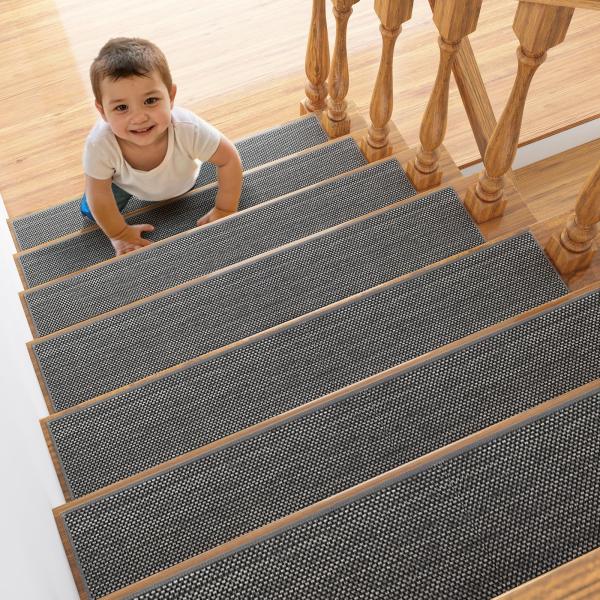 商品名: ZOMONETI 20.3 cm x 76.2 cm リネン ノンスリップ 階段 カーペット トレッド4個 屋内木製階段用 洗濯機洗い可能 階段ランナー 子供/高齢者/ペット用 木製階段用階段カーペットパッド ブラック ZOMON...