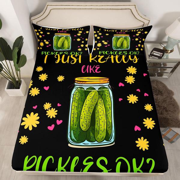 商品名: キッズ ピクルス ボックスシーツ カートゥーン キュウリ パターン ベッドシーツ 男の子 女の子 ピクルス愛好家 水彩 ベジタブルベッドセット ピンク ラブ ハート シーツ ツイン、1 ボックスシーツ + 1 枕カバー (フラット...