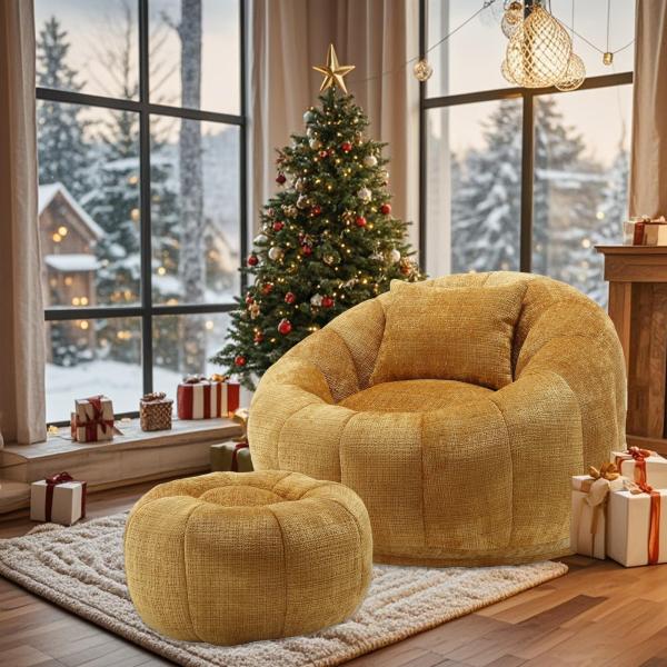 商品名:  QQU Modern Extra Large Round Bean Bag Chair with Footrest for Living Room, Chenille Fabric Lazy Sofa with Pillow f...