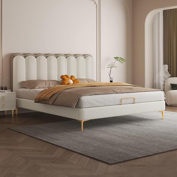 商品名:  OUDINI Modern Light Luxury Genuine Leather Full Size Bed Frame Under Bed Storage Strong Metal Slats Support Whispe...