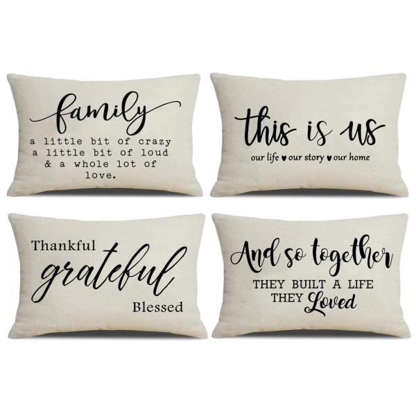 商品名: NYDECOR ファームハウス 枕カバー 4枚セット 12x20 感謝 感謝 祝福 家族 腰 枕カバー 引用 This is Us Together Loved 素朴なクッションカバー カウチ ソファ ベッド ポーチ 客室装飾 N...