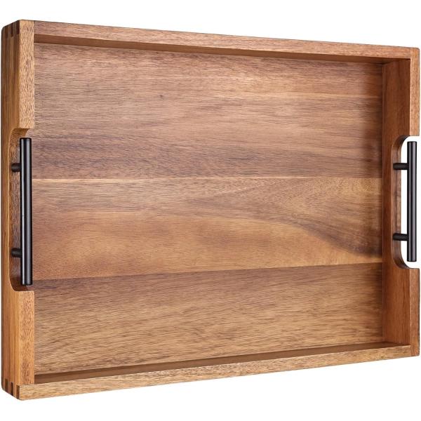 商品名: Joy&amp;Grace オットマントレイ リビングルーム用 大きなアカシア 木製サービングトレイ ハンドル付き コーヒーテーブル、ベッドでの朝食 フードディナー 装飾トレイ (ナチュラル、16.75インチ x 12.8インチ ...