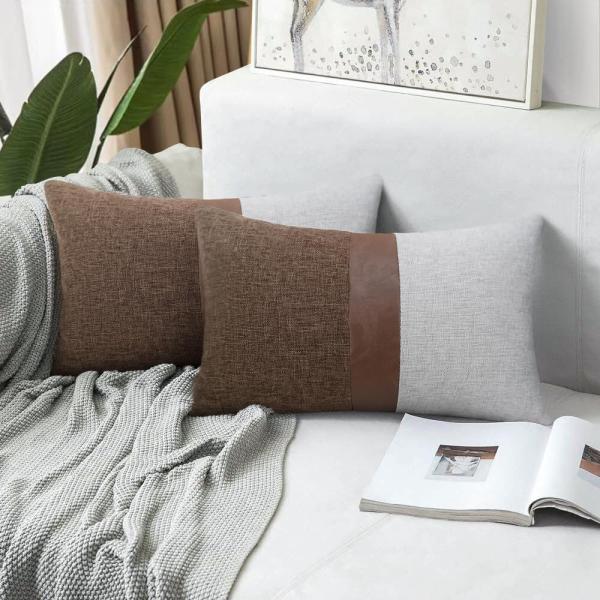 商品名: Merrycolor フェイクレザー 枕カバー (D、12 x 20 ) Merrycolor Faux Leather and Linen Lumbar Pillow Covers 12 x 20 Inch Patchwork ...