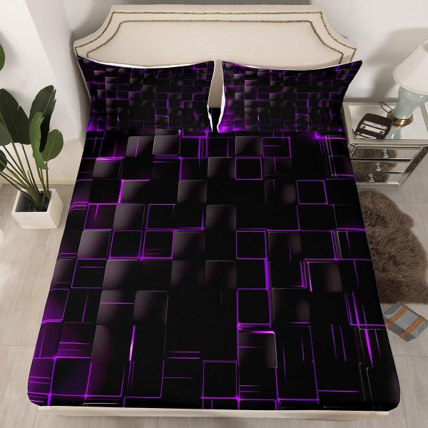 商品名:  Manfei Geometric Fitted Sheet Twin Size, Abstract Square Grid Print Bedding Set 2pcs for Kids Boys Girls Adults, P...